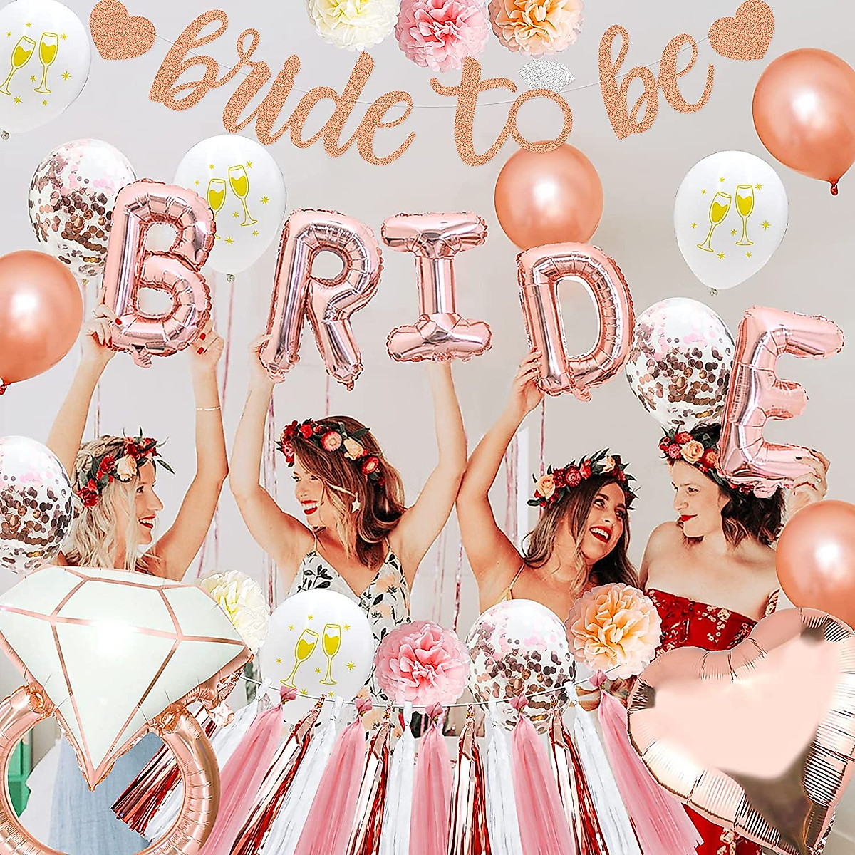 Rose Gold Bridal Shower Decorations Set Bachelorette Party Decorations with Bride to Be Banner, Bride Foil Balloons, Ring Balloon, Heart Balloons, Paper Pom Poms, Tassel, Ballon