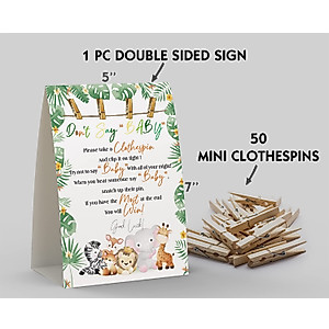 Don't Say Baby Sign, Baby Shower Clothespin Game, Includes a 5x7 Standing Sign and 50 Mini Natural Clothespins - Toctose046