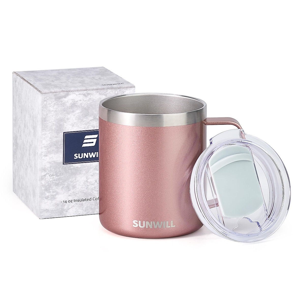 SUNWILL Coffee Mug with Handle, 14oz Insulated Stainless Steel Coffee Travel Mug, Double Wall Vacuum Reusable Coffee Cup with Lid, Rose Gold
