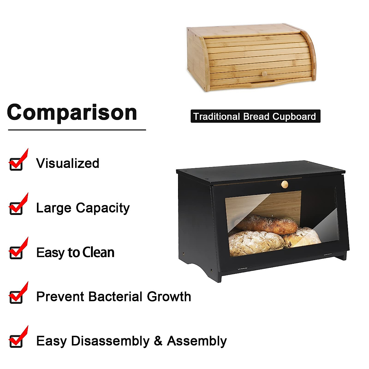 HOMEKOKO Wood Bread Box for Kitchen Counter, Single Layer Bamboo Large Capacity Food Storage Bin (BLACK)