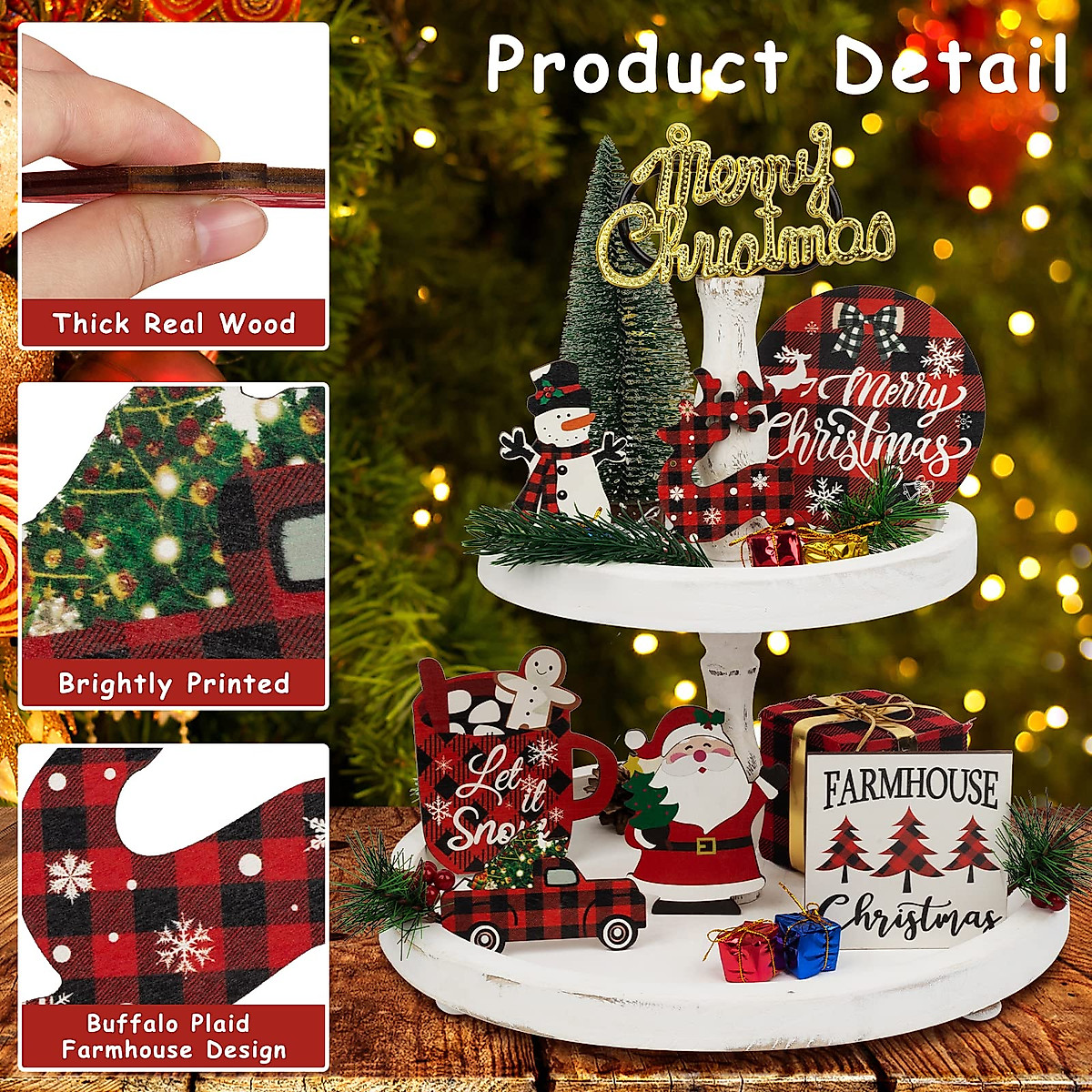 INHOTBY Christmas Decor-Farmhouse Rustic Country Winter Tiered Tray Christmas Decor Set,8Pcs Wooden Signs Gingerbread Buffalo Plaid Christmas Table Top Decorations Indoor Home Room(Tray Not Including)