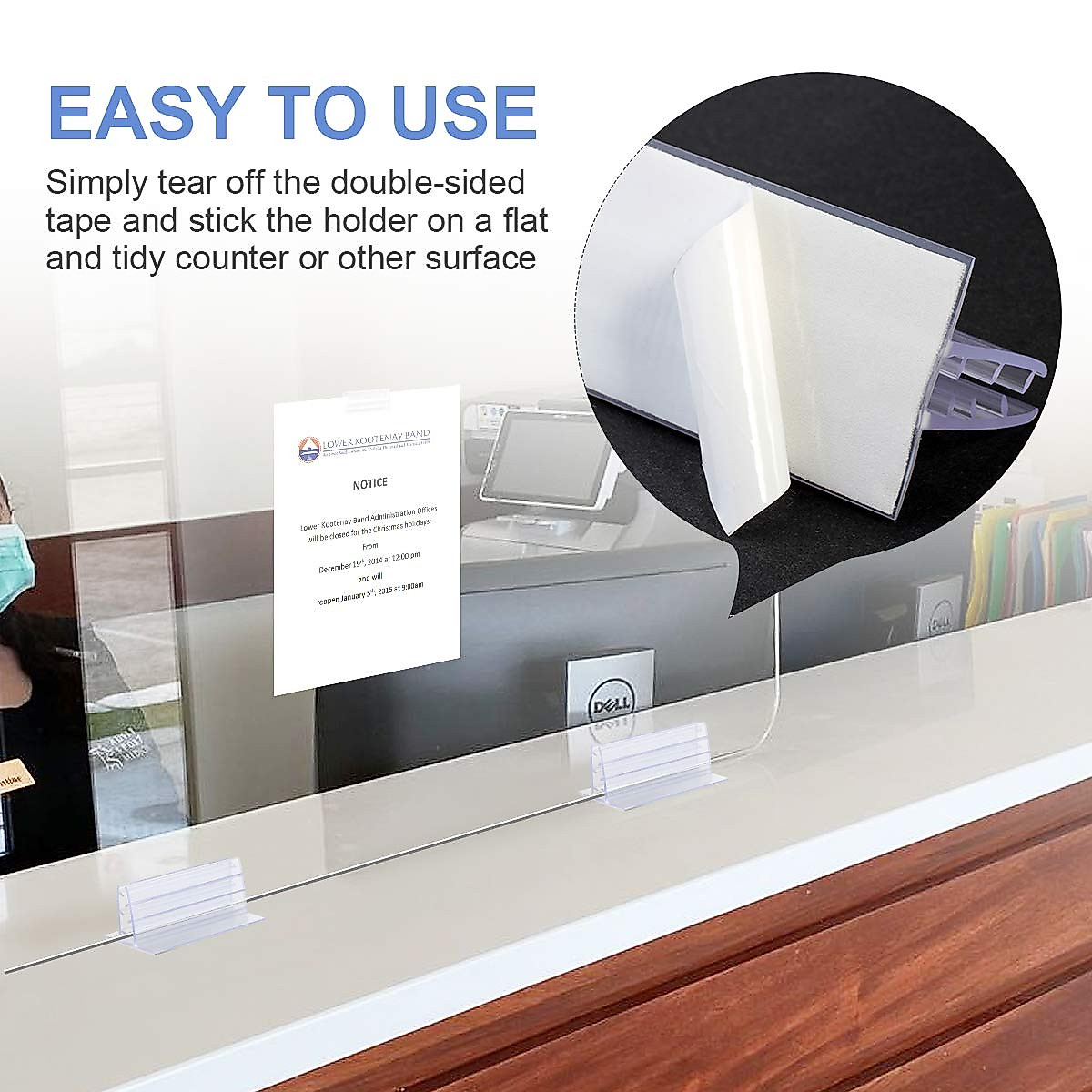 Lenink 10Pcs Adhesive Sneeze Guard Holder, Self Adhesive Plexiglass Holder Stand with 5Pcs Label Clips for 3/16" to 1/4" Thick Fasten Acrylic Panels Plexiglass Sheets