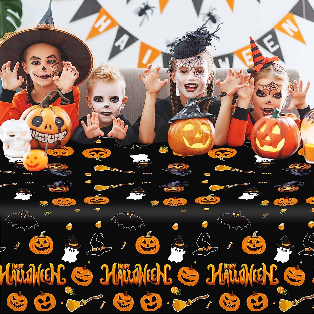 3 Pack Halloween Tablecloth Rectangle 54" x 108" Plastic Table Cloth Disposable Black Camping Table Cover Decorations Cute Pumpkin Ghost Scary Spooky Indoor Outdoor Waterproof Birthday Party Supplies