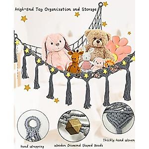 Salamanda Stuffed Animal Net or Hammock with wall decal and star LED Light, Boho Toy Hammock Hanging Stuffed Animal Storage Net Organizer Holder for Bedroom, Nursery (A-Grey)