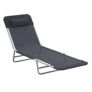 MEZHI Outdoor Lounge Chair with Reclining Backrest and Pillow, Folding Sun Chair (Black)