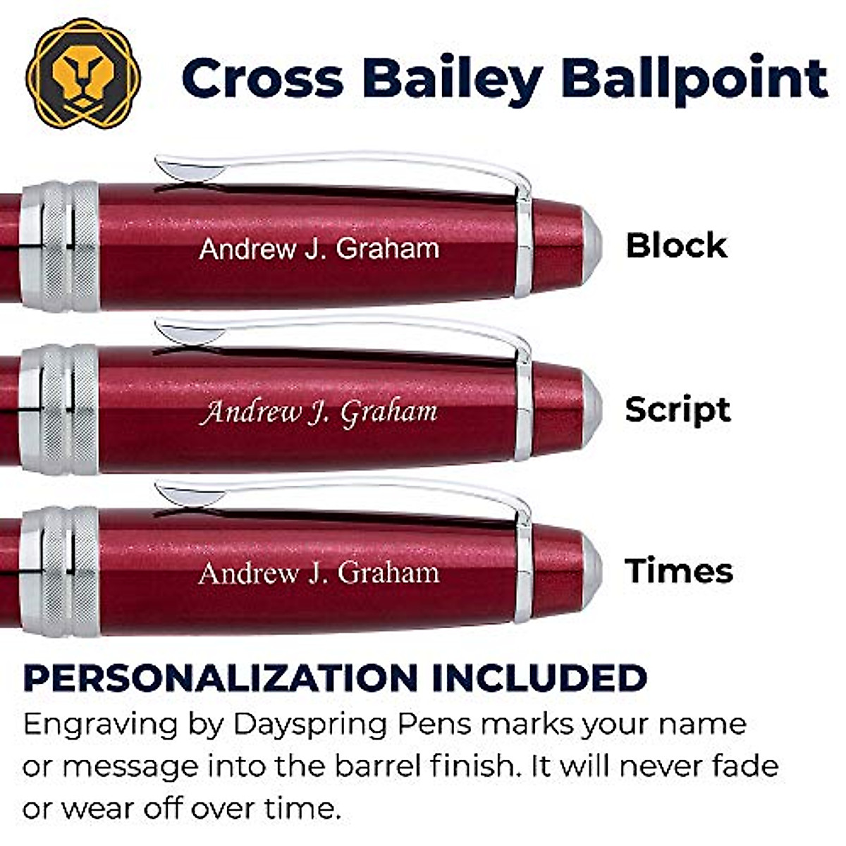 Dayspring Pens Cross Pen | Engraved/Personalized Cross Bailey Red Lacquer Ballpoint Gift Pen - Chrome Trim AT0452-8. Custom Engraving Included.