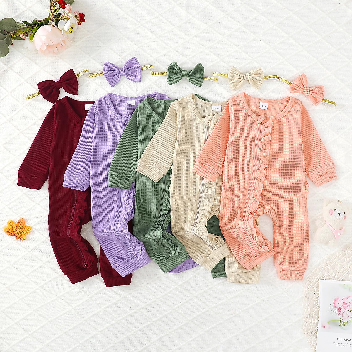 Mikrdoo 3-6 Month Baby Girl Clothes One-sies Sleeper Fall Winter Outfits Long Sleeve Little Girls' Clothing One-Piece Zipper Romper Infant Clothe Set with Headband for 3-6M Baby Apricot