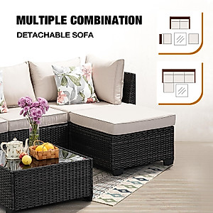 JOYURE 5 Pieces Patio Furniture Set All-Weather Outdoor Wicker Sectional Conversation Sofa Rattan Patio Seating Sofa with Cushion and Glass Table and Ottoman for Porch,Beige