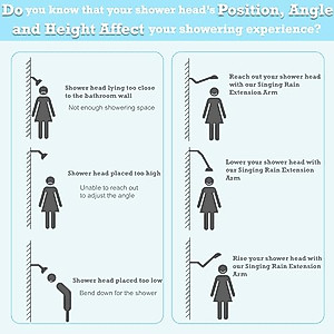 15 Inch Extra Long Adjustable Shower Head Extension Arm With Locking Set Screw, Singing Rain Solid Brass Chrome Finish Angle Height Adjustable, Easy To Install, G1/2 Universal Connector Compatible