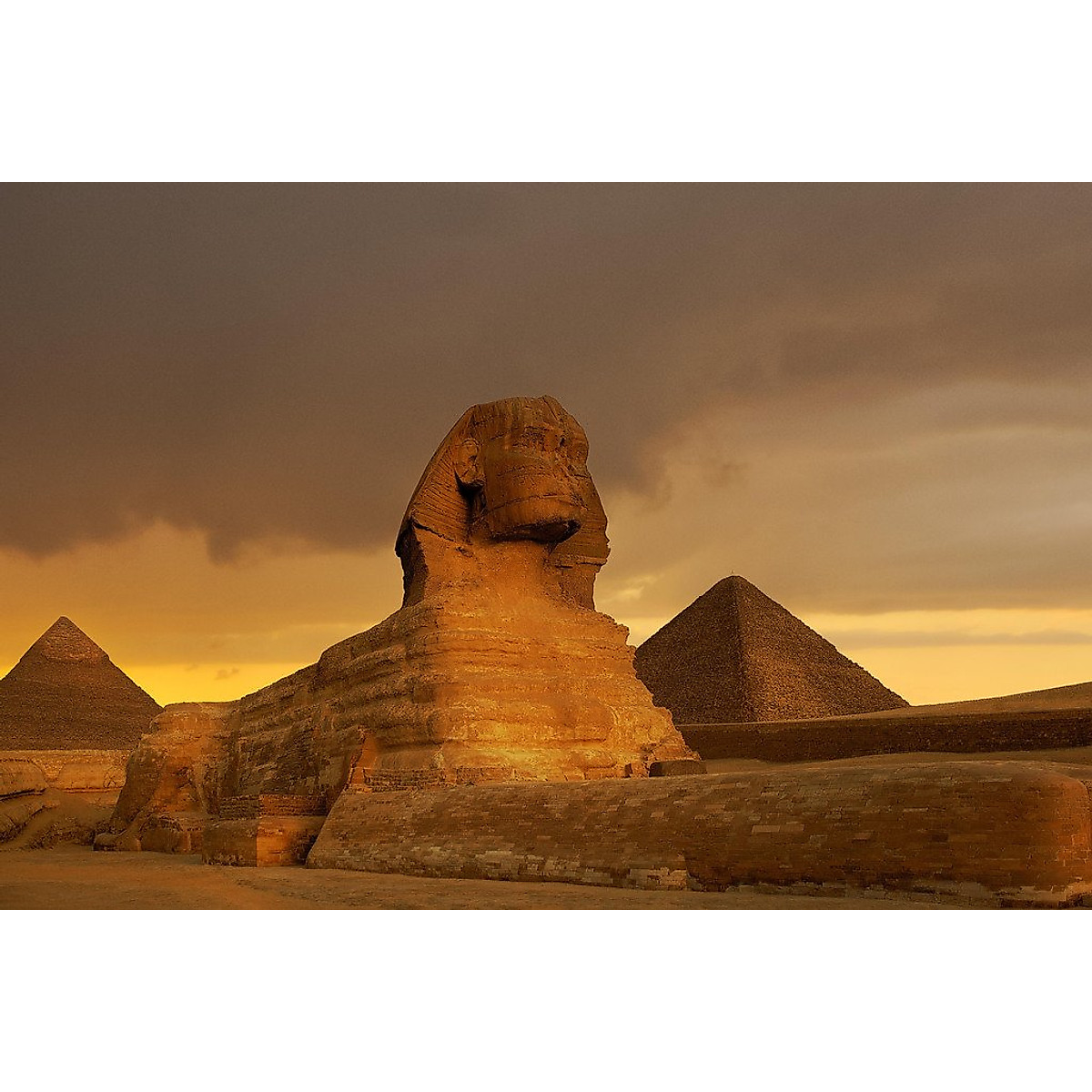 Sunset On Great Sphinx At Giza and Pyramid Complex Giza Necropolis Photo Photograph Ancient Egypt Ruins Monuments Desert Landscape Cool Wall Art Print Poster 18x12
