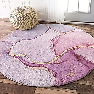 Round Area Rug Soft Fluffy Rugs Pink Marble Gradient Golden Texture,Non Slip Floor Mat Furry Carpet for Bedroom,Ocean Abstract Art Shaggy Circular Rugs for Living Room Nursery 48in