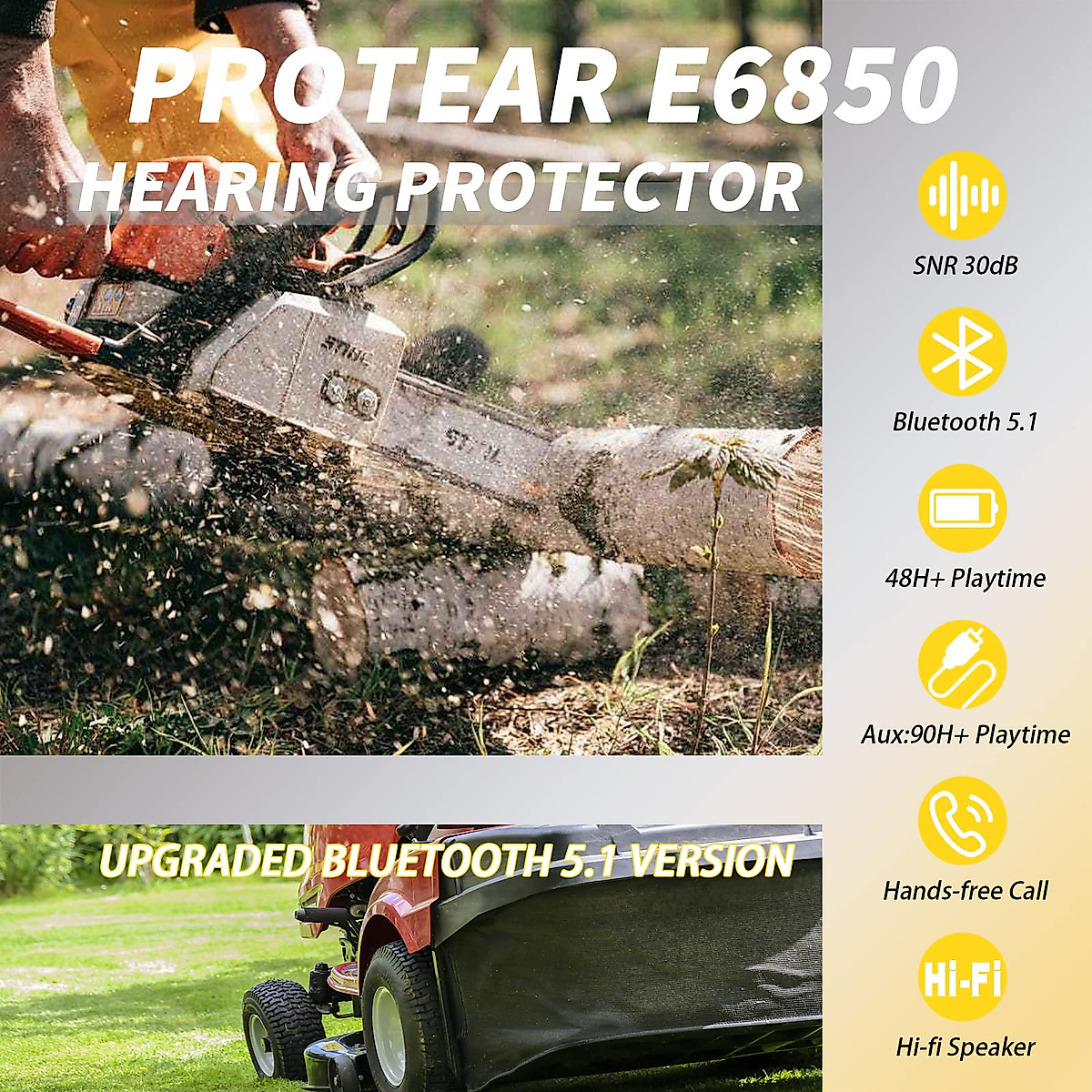 inf protear(Upgraded E6850 Bluetooth Hearing Protection with Integrated Microphone, High-Fidelity Speakers,120H+Playtime, Ideal Ear Muffs for Noise Reduction for Mowing, Workshop, NRR 25 dB