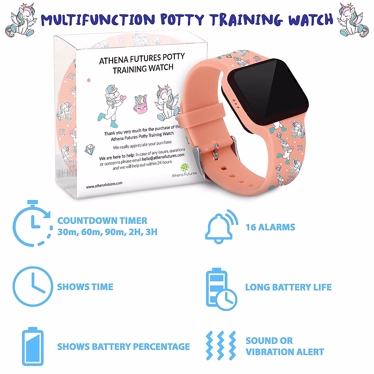 ATHENA FUTURES Potty Training Timer Watch With Flashing Lights And Music Tones - Unicorn Pattern and Potty Training Chart for Toddlers - Fun Animal Design