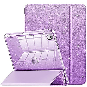 INFILAND Compatible with iPad Air 5th Generation Case 2022, iPad Air 4th Generation Case 2020 10.9 inch, Glitter Leather Cover with Sparkly Crystal Clear Back, Pencil Holder, Anti-Yellowing, Purple