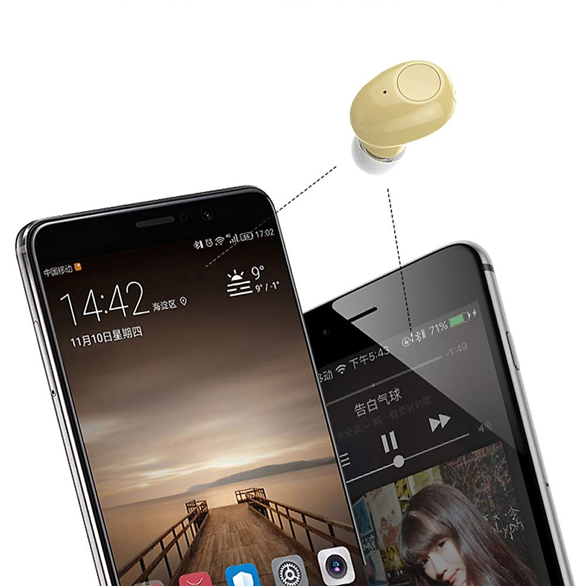 NVAHVA Single Bluetooth Earpiece10 Hrs Playtime,Wireless Headphone, Mini Bluetooth Headset Hands-Free Car Earphone,Cell Phone Bluetooth Earbud for iOS Android Smart Phones PC TV Audiobook (Beige)