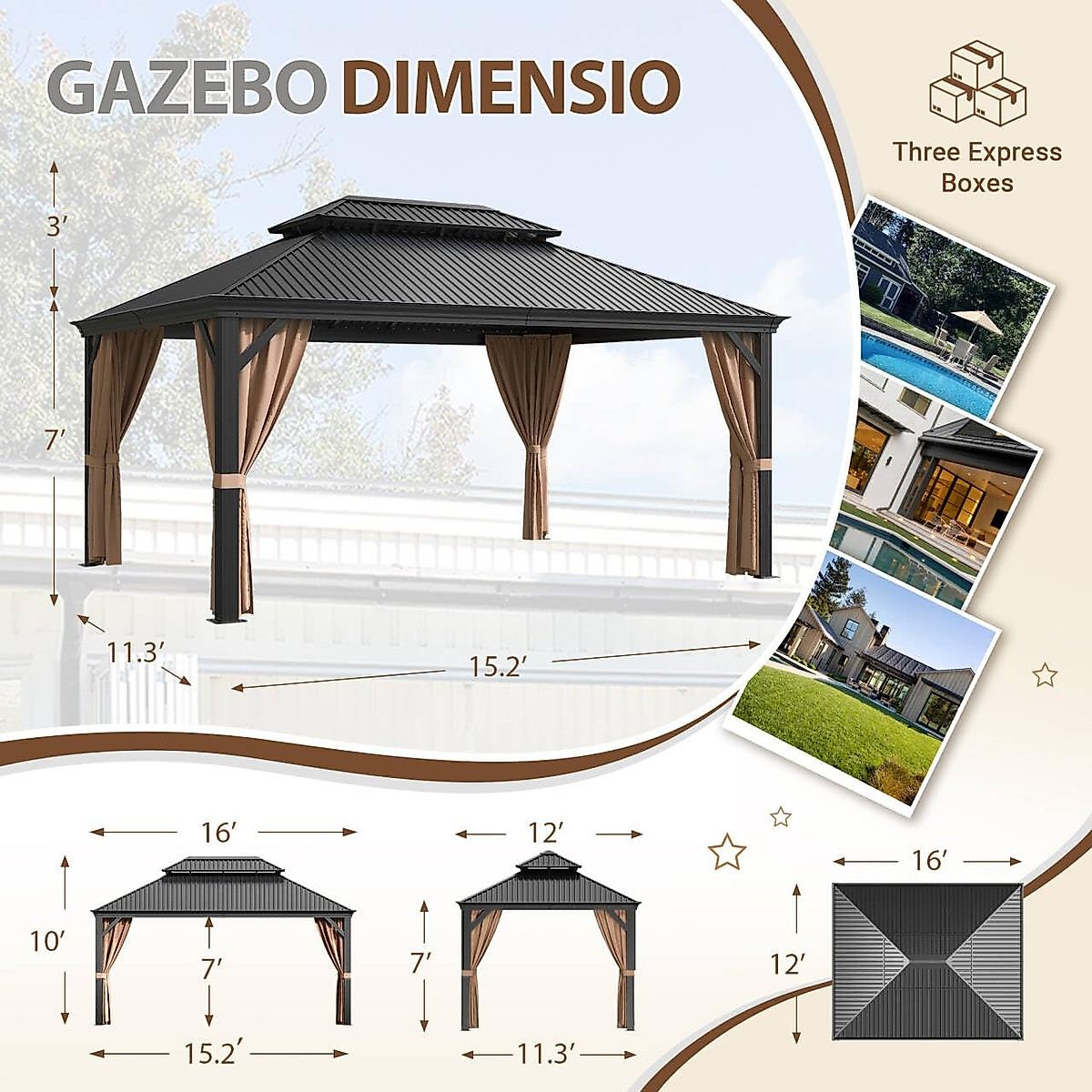Flamaker Hardtop Gazebo Aluminum Frame Outdoor Gazebo with Privacy Curtains and Gauze Mesh Sunshade Pavilion Double Roof Canopy for Patio, Deck, Poolside (Aluminum Roof, 12' x 16')