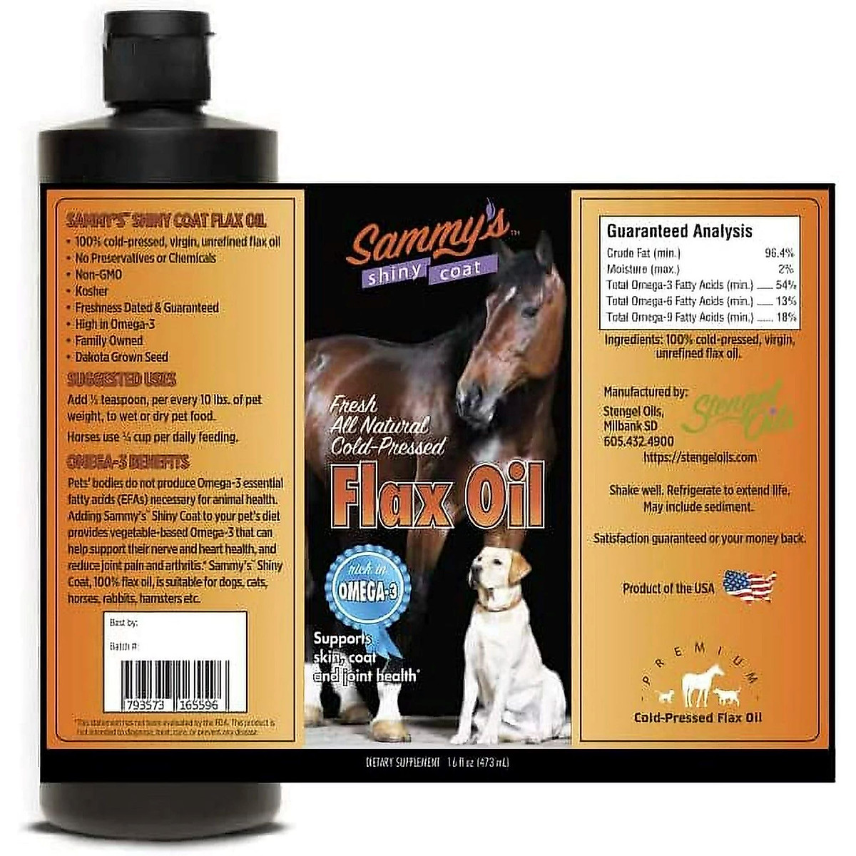 Sammy’s™ Shiny Coat Flaxseed Oil for Pets, Pure Flax Oil for Animals, Omega-3 Fatty Acids for Dogs, Flaxseed Oil Liquid Supplement for Skin and Coat, Flaxseed for Dogs, Cats, Other Pets - 16 oz