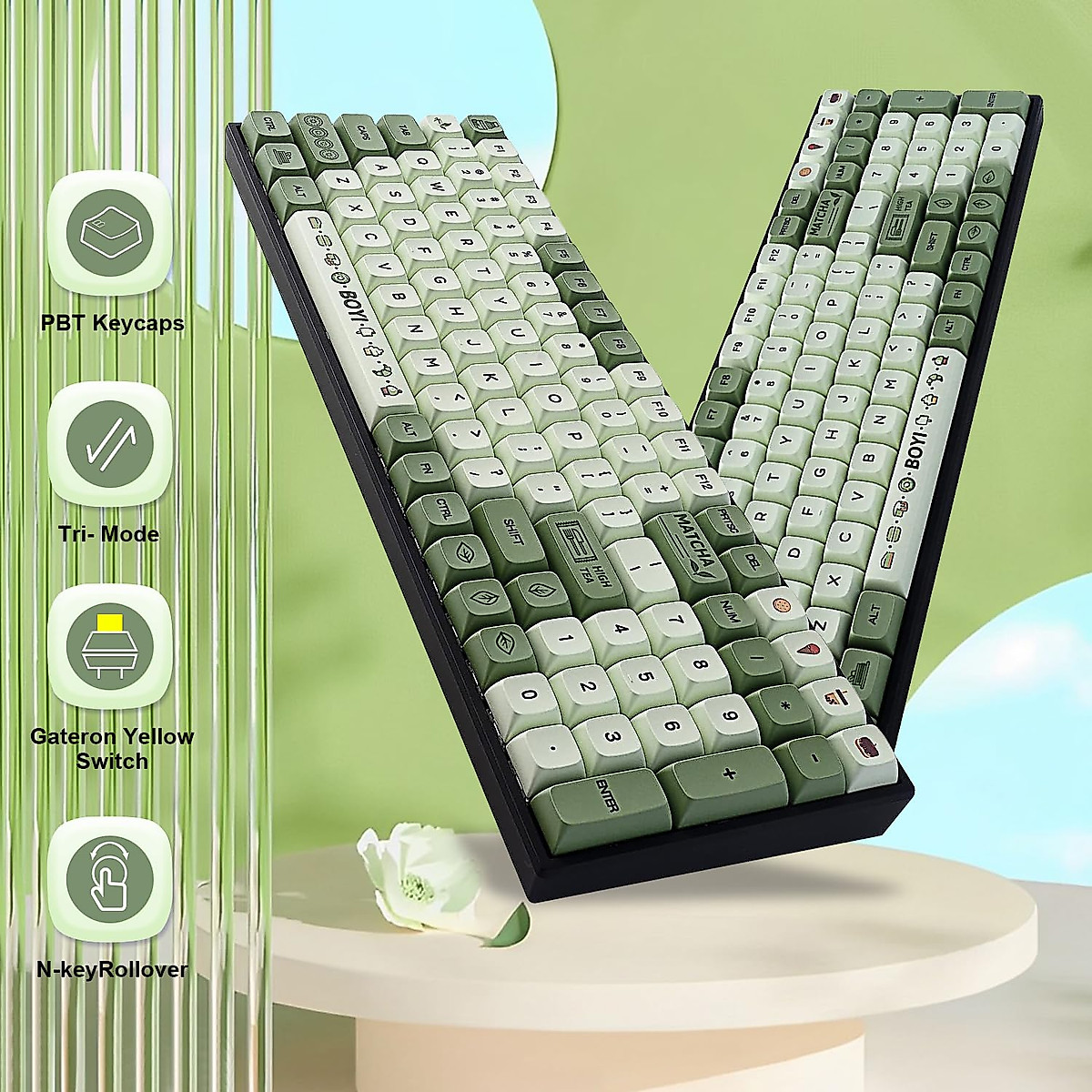 BOYI TK96 RGB Hot Swappable Wireless Matcha Keyboard,2.4Ghz/Bluetooth 5.0/Wired Keyboard N-Key Rollover Custom Gateron Yellow Switch Ergonomic Full Size Keyboard Green Gaming Keyboard