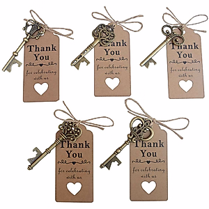 50 Pcs Bronze Skeleton Key Beer Bottle Opener With 100 Pcs Thank You Card and 98 Feet Hemp Rope for Wedding Party Favors (50pcs Bronze)