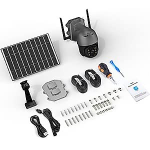 Security Camera Wireless Outdoor/Home, Solar 360° PTZ Surveillance System with 24000mAh Battery, Color Night Vision, WiFi, PIR Motion Detection, APP Alert Push, Spotlight and Siren, Two-Way Talk, IP66