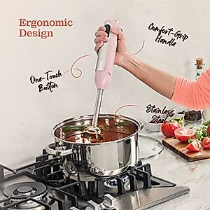 Powerful Immersion Blender, Electric Hand Blender 500 Watt with Turbo Mode, Detachable Base. Handheld Kitchen Blender Stick for Soup, Smoothie, Puree, Baby Food, 304 Stainless Steel Blades (Pink)