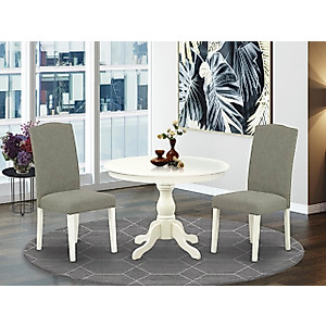 East West Furniture HBEN3-LWH-06 3 Piece Dining Table Set Contains a Round Dining Room Table with Pedestal and 2 Dark Shitake Linen Fabric Parsons Chairs, 42x42 Inch, Linen White