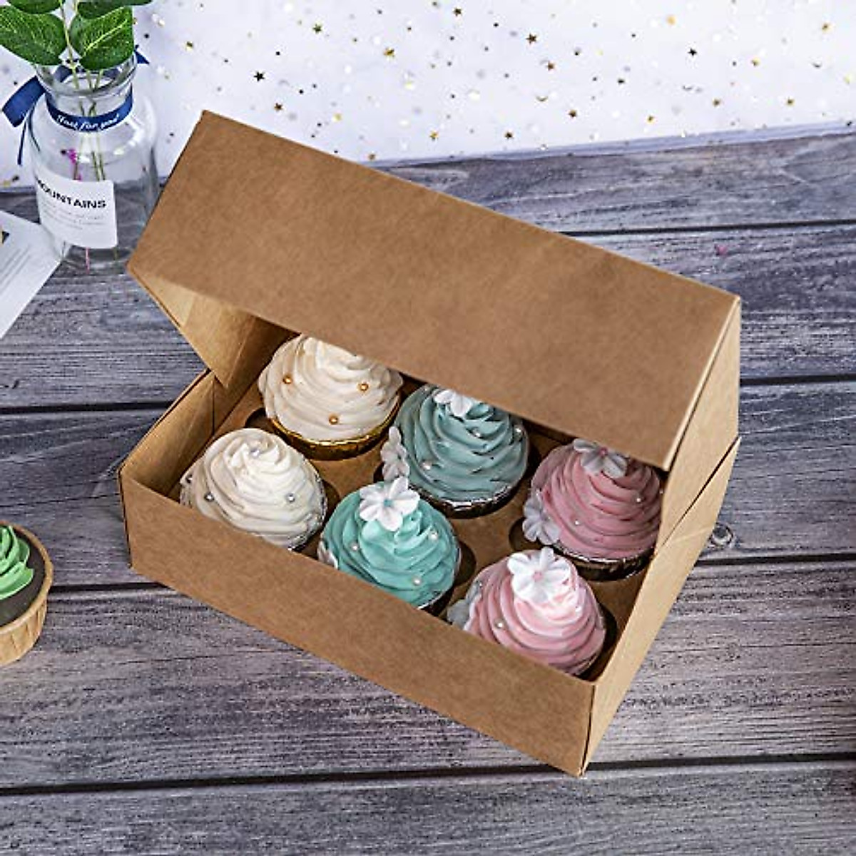 ONE MORE Cupcake Boxes with Inserts 6 Holders,9x6x3inch Large Brown Kraft Standard Bakery Boxes with Window Food Grade Cake Carrier Container for Muffins Gift Treat Box Bulk,Pack of 15