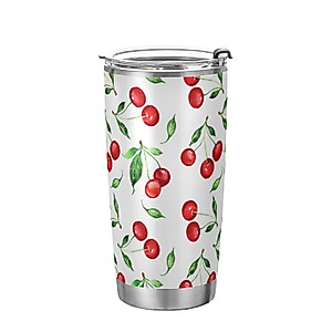 Yasala Tumbler Cherry Green Leaves Insulated Office Coffee Cup Back to School Beverage Container Travel Mug with Straw and Lid Double Wall Stainless Steel 20oz