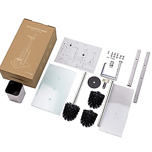 WC Set with roll Holder - Shiny Chrome - Toilet Paper Holder - Stainless Steel Chrome-Plated - Glass Base - Dim: 32x20x70cm– Easy Installation – Plus: 1+2 Extra Toilet Brush Heads for Exchange!