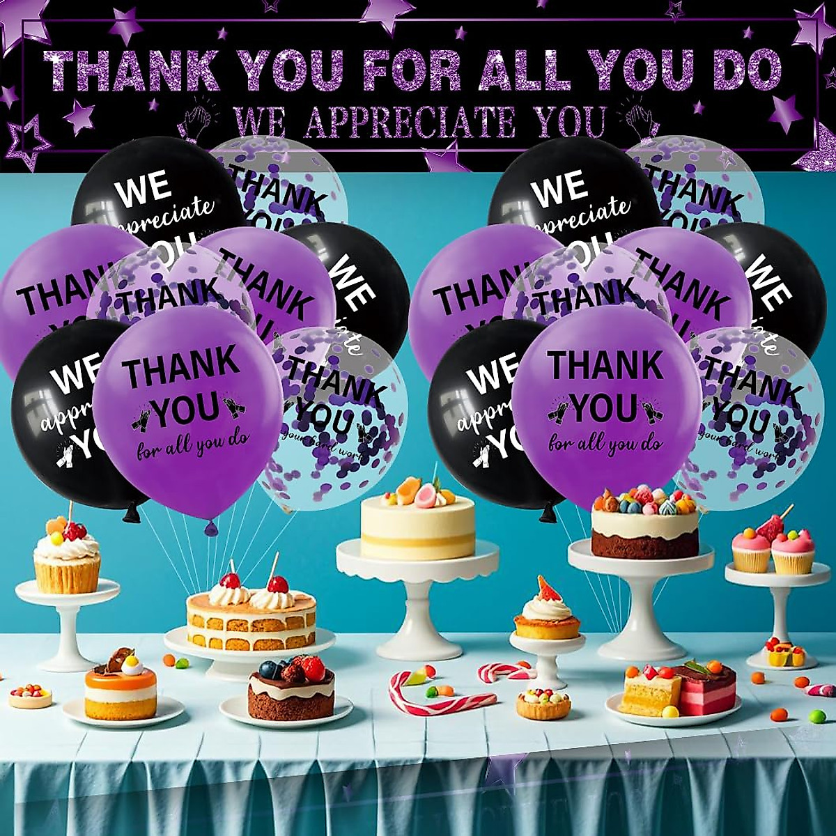 We Appreciate You Decorations Black Purple Appreciate You Banner with 18 pcs Balloons Thank You Yard Sign for Teacher Employee Staff Doctors Nurse Poaster Volunteer Appreciation Week Party Decor