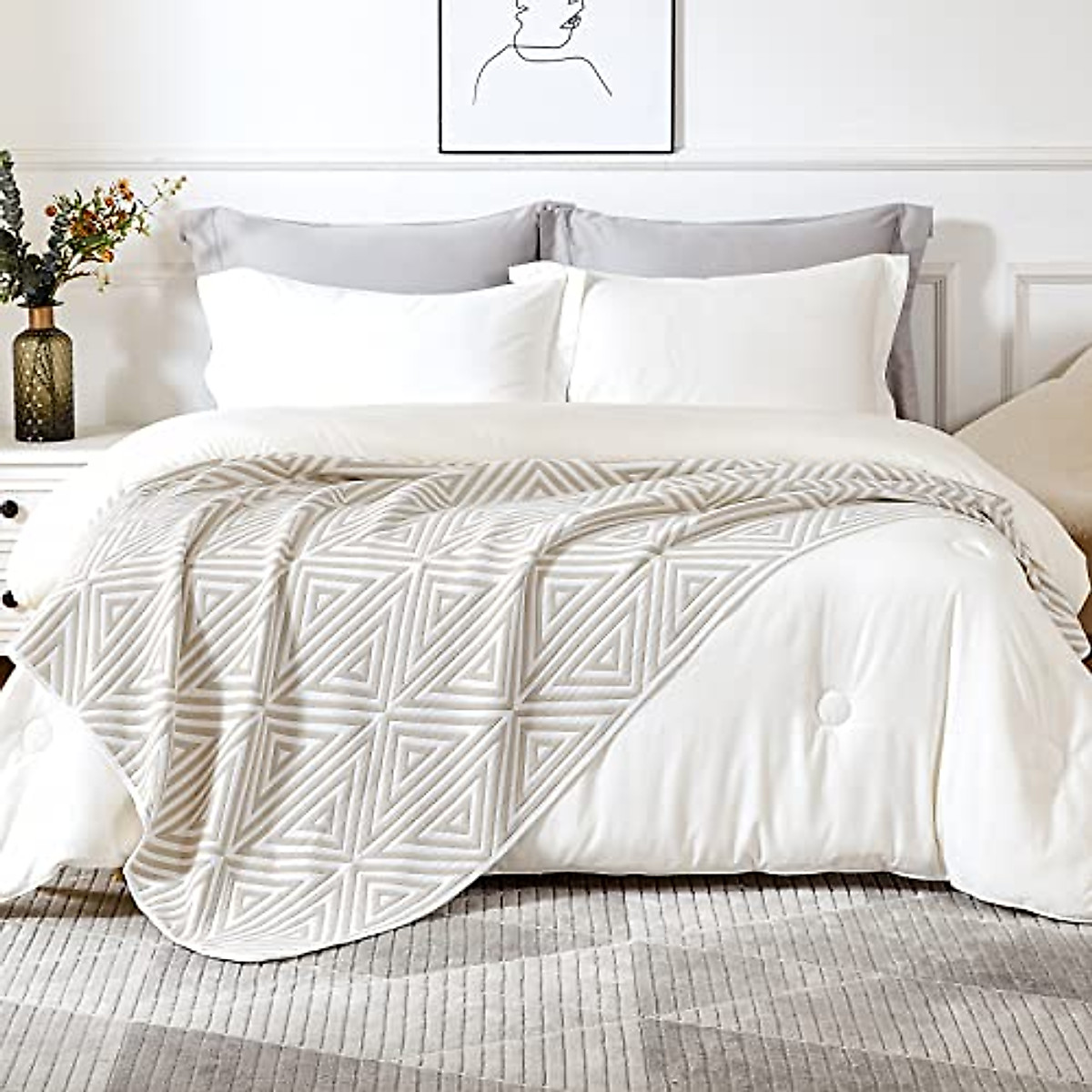 EMME Cotton Queen Blanket for Bed - Queen Quilt 6 Layer Soft Thicken 400GSM Triangle 90"x 90", Cotton Comforter for Dorm Bed All Seasons (Light Tan,Queen)