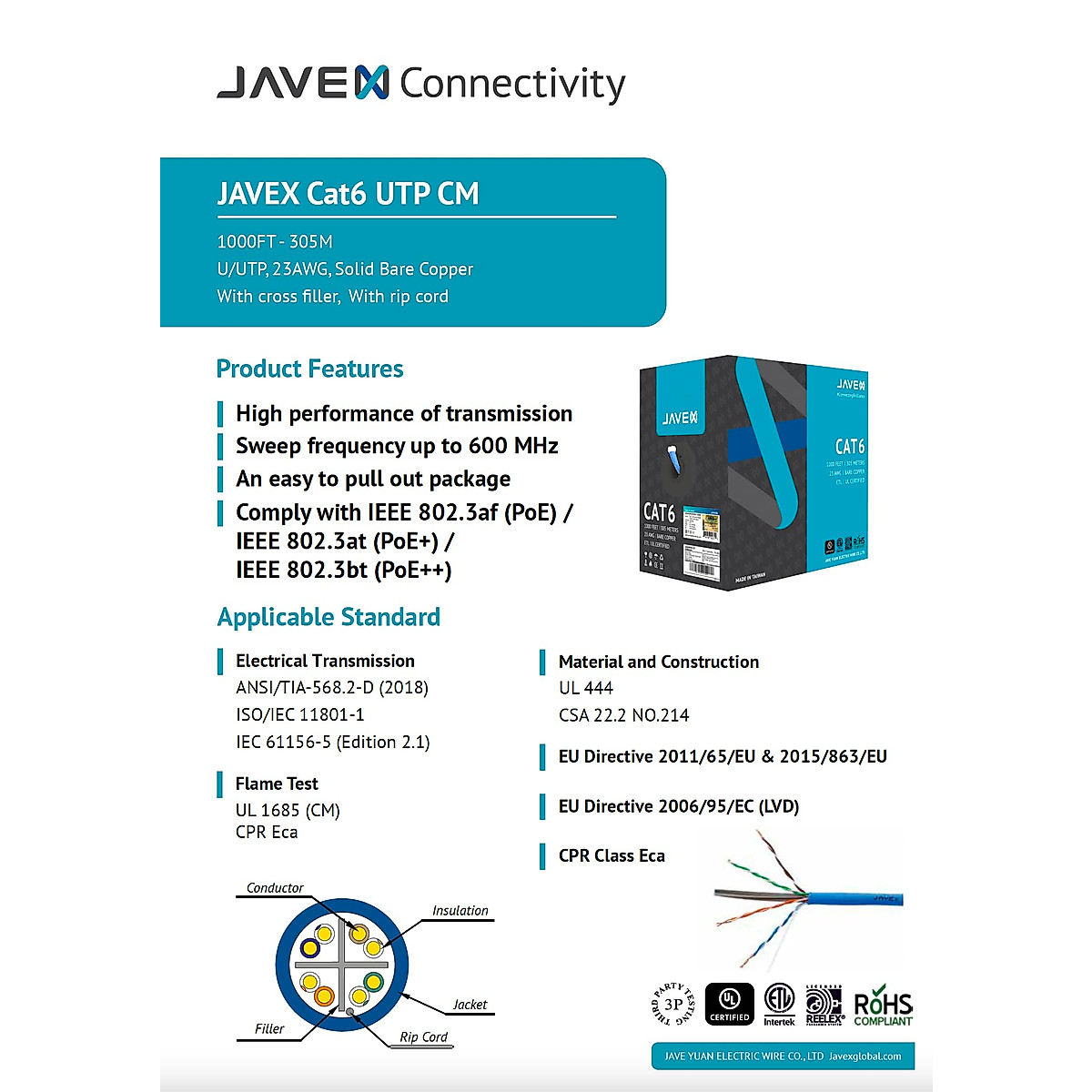 JAVEX 23AWG CAT6 UL Certified [1000 Feet] Solid Bare Copper 600MHz, PoE++ up to 100W, ETL Listed, TAA Compliant, UTP Ethernet Bulk Cable, Blue