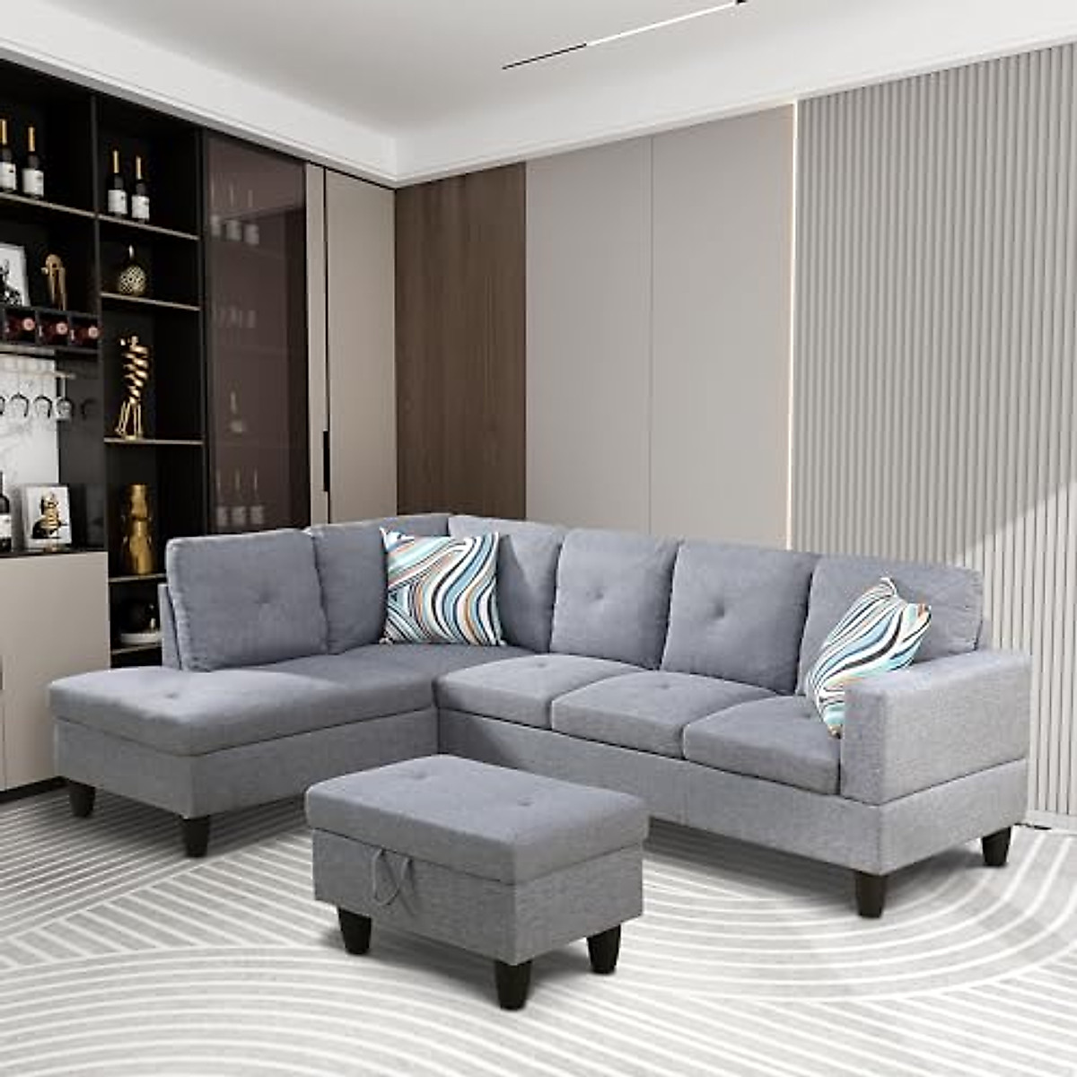 LostCat Sectional Sofa with Chaise, 97" W Modular Sectional Sofa, Modular Couch with Storage Ottoman, L Shaped Sofas & Couches, Linen U Shaped Sectional Couches for Living Room Furniture Sets, Grey