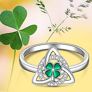 St Patricks Day Shamrock Ring Clover Ring for Women Sterling Silver Clover Rings Green Irish Lucky Friendship Leaf Celtic Knot Cubic Zirconia Triangle Jewelry Size 8