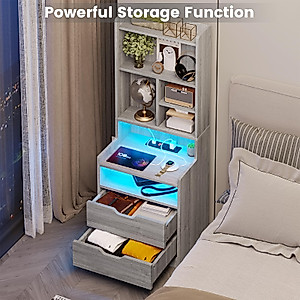BTHFST Tall Nightstand with Charging Station and LED Lights, LED Gray Nightstand with Drawers and Shelves, Tall Bedside Table with Bookshelf, Side End Table with Storage, Grey