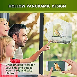 Fubullish Window Bird Feeder, Large Bird House Feeders for Outside with 4 Strong Suction Cups & 2 Extra Bird Stands, Removable Tray and Drain Holes, Birdhouse Shape, Clear Acrylic for Bird Watching