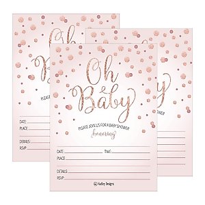 25 Blush Rose Gold Girl Oh Baby Shower Invitations, Cute Princess Printed Fill or Write In Blank Invite, Printable Shabby Chic Unique Custom Vintage Coed Twin Sprinkle Party Card Stock Paper Supplies