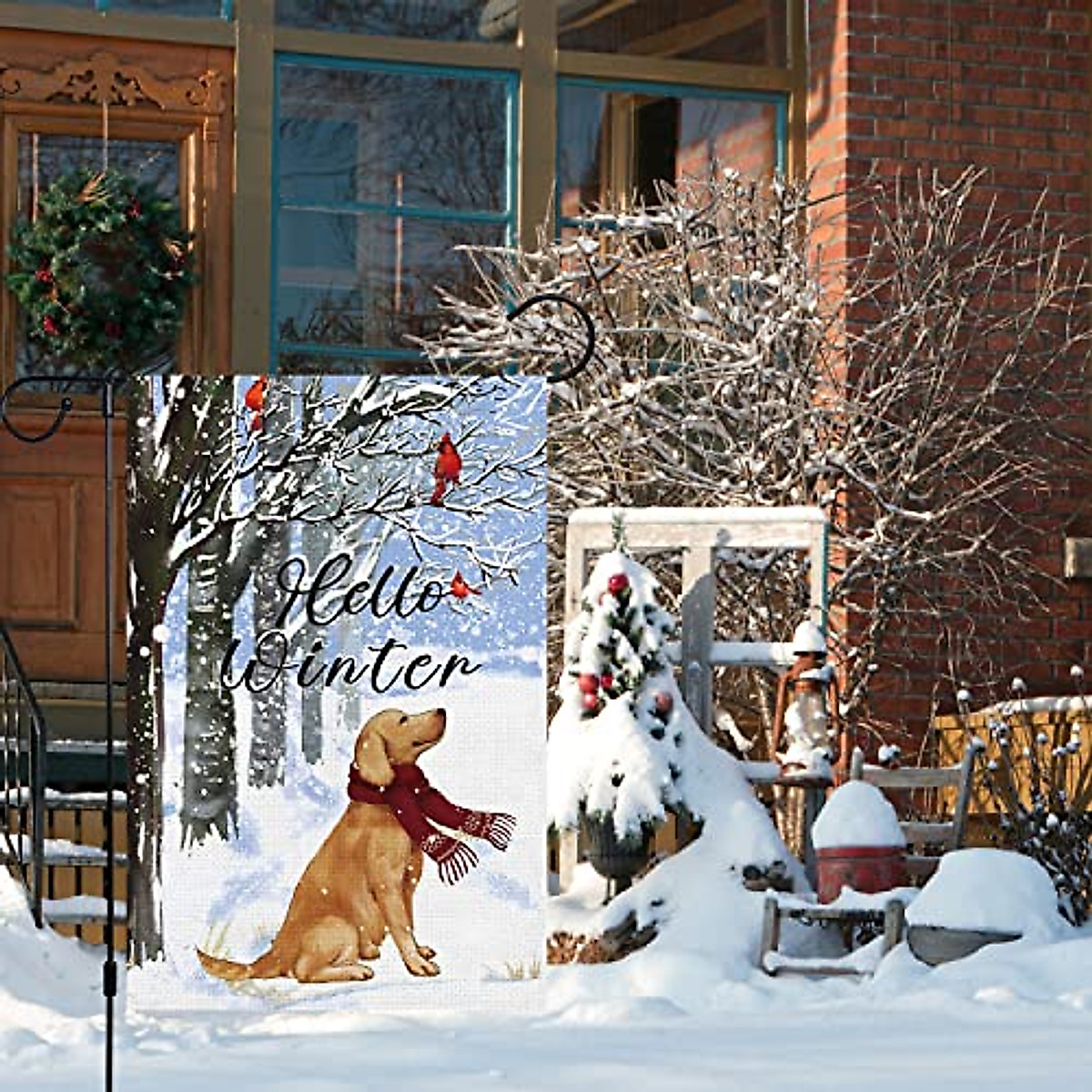 Hello Winter Dog Garden Flag 12x18 Double Sided, Burlap Farmhouse Small Golden Cardinal Retriever Garden Yard Flags for Winter Seasonal Outside Outdoor House Holiday Decor (ONLY FLAG)