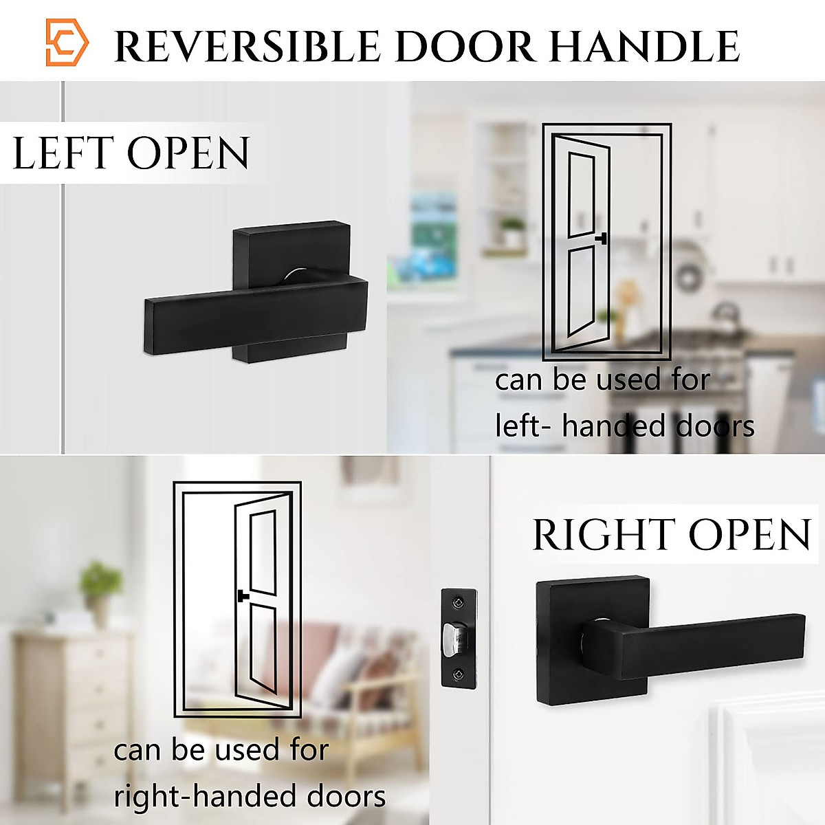 Betollo 3 Pack Black Interior Door Handles, Passage Door Handle Non-Locking for Hallway & Closet, Reversible Handles Set for Left & Right Door