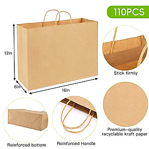 Moretoes 110pcs 16x6x12 Inches Paper Bags with Handles Bulk Large Gift Bags with Handles Brown Paper Bags for Grocery, Merchandise, Gifts