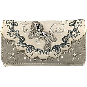 Justin West Western Spirit Wild Horse Running Weaving Floral Embroidery Tooled Wristlet Trifold Wallet Attachable Long Strap (Brown)