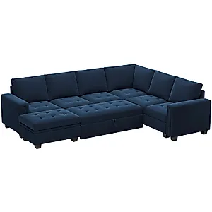 Belffin Modular Sectional Sleeper Sofa with Pull Out Bed U Shaped Sectional Sofa Couch with Storage Ottoman Velvet Covertible 7-Seater Sofa for Living Room Blue