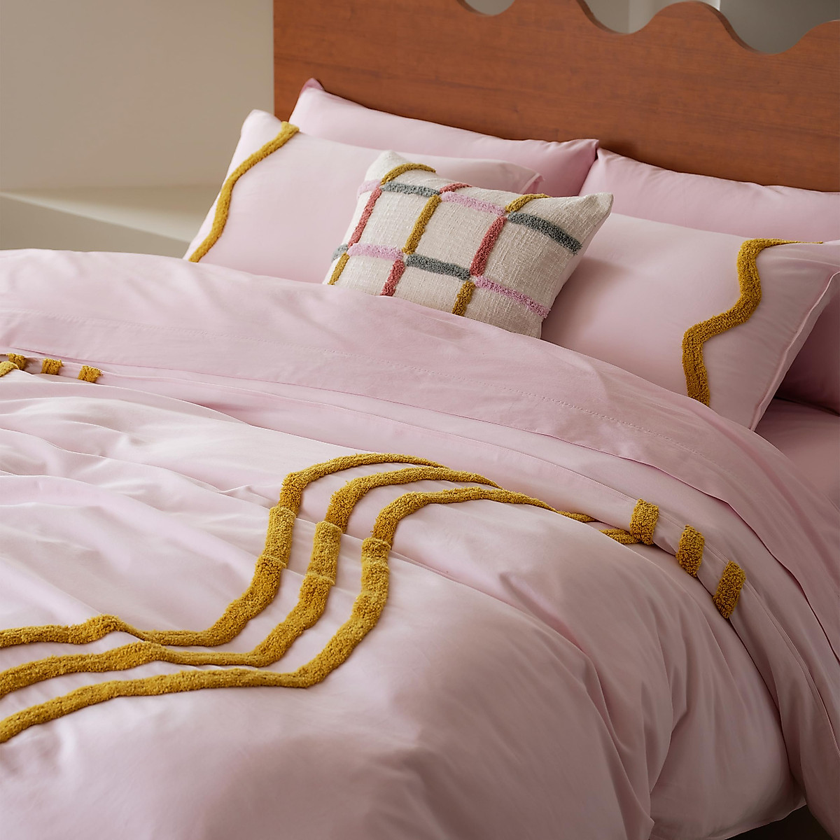 Double Stitch by Bedsure Cotton Tufted Duvet Cover Set - Boho Duvet Cover Queen, 300 TC Modern Duvet Cover Set Queen, Luxury Bedding Set, Hand Crafted in India, 1 Duvet Cover, 2 Shams, Blush Pink