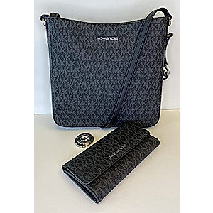 Michael Kors MICHAEL Michael Kors Jet Set Travel Large Messenger Crossbody bundle with Trifold Wallet Purse Hook (Signature MK Black)