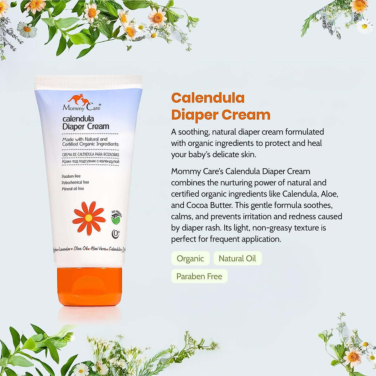 Mommy Care Organic Baby Diaper Rash Cream - Calendula Natural Organic Gentle Baby Diaper Cream Paste 80ml/2.7oz Soothing, Prevents Rash for Newborns & Infants