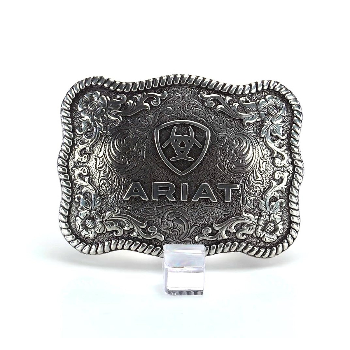 ARIAT Scalloped Logo Buckle with Twisted Rope Edge, Floral Scrolls, Filigree Detailing, 3 ¾" x 2 ¾"