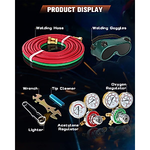 Gas Welding Cutting Kit Oxygen Acetylene Torch Portable Tool Set Oxy Brazing Welder Kit Professional Precision Instrument with Two Hose, Tips, Goggles, Blue Carrying Case