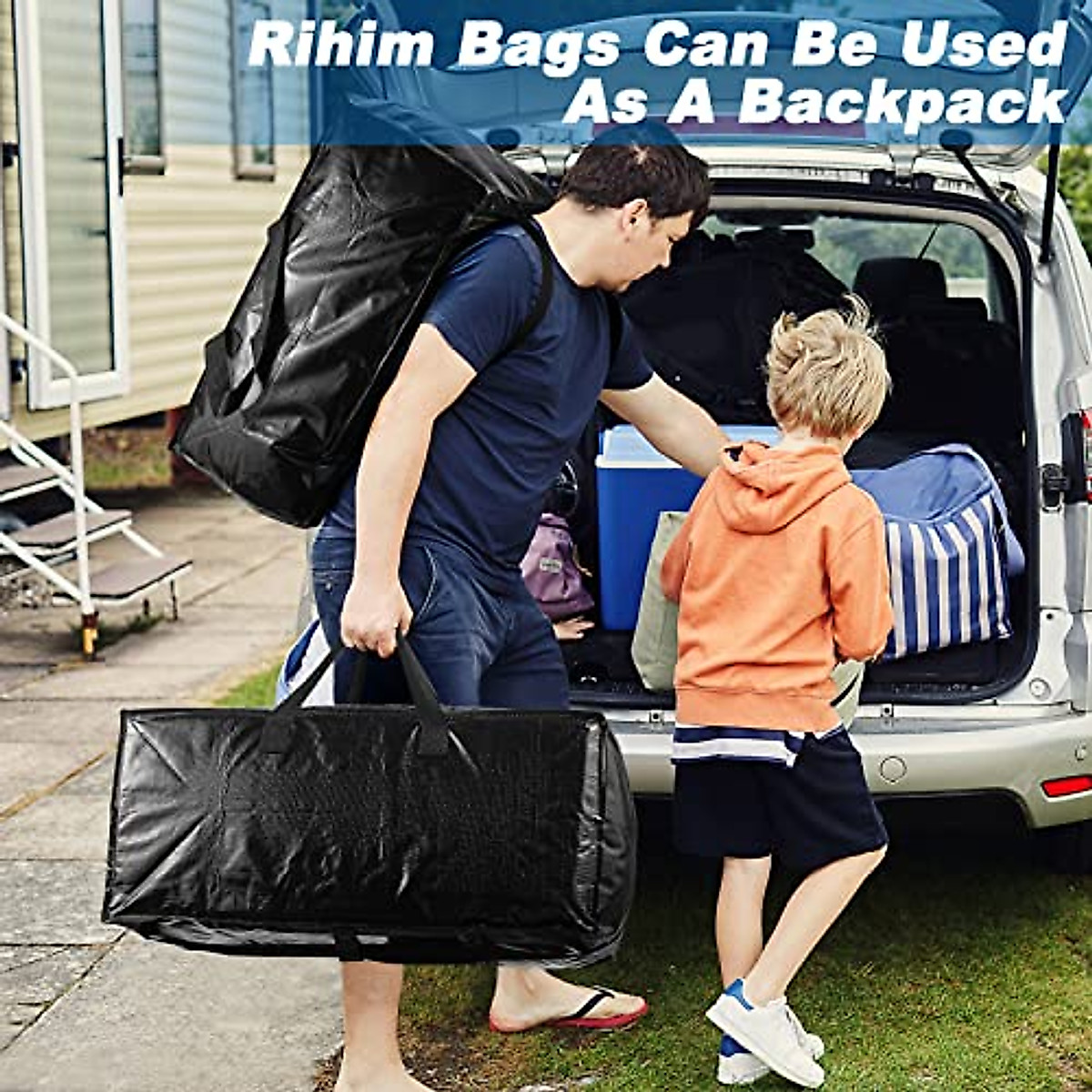 Rihim Moving Bags 90L - 4 Black Heavy Duty Extra Large Storage Bags for Clothes - Packing Bags with Backpack Straps Strong Handles Zippers - College Travelling Christmas Storage Moving Totes