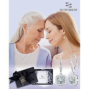 wowshow Moissanite Earrings, Leverback Earrings for Women 925 Sterling Silver 3ct Moissanite Diamond Dangle Drop Earrings Cushion Halo White Gold Plated for Women Birthday Wedding Mothers Day Gifts