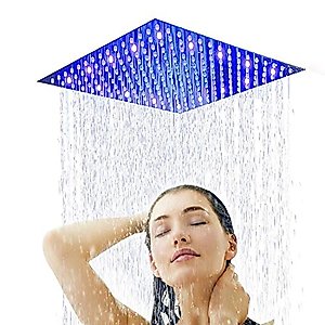 Suguword 12 Inch LED Rain Shower Head Brushed Nickel Bathroom Square Top Sprayer, Large Stainless Steel Shower Head Ultra Thin Rainfall Bath Shower with Silicone Nozzle